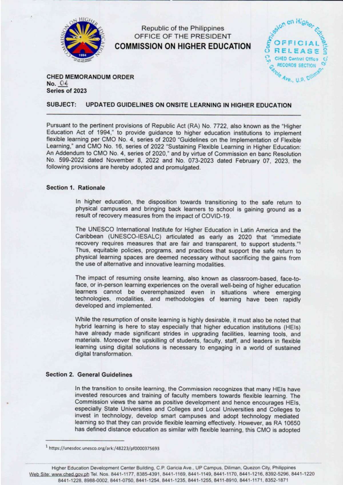 CHED CMO No. 04, Series of 2023: Updated Guidelines for Onsite Learning ...