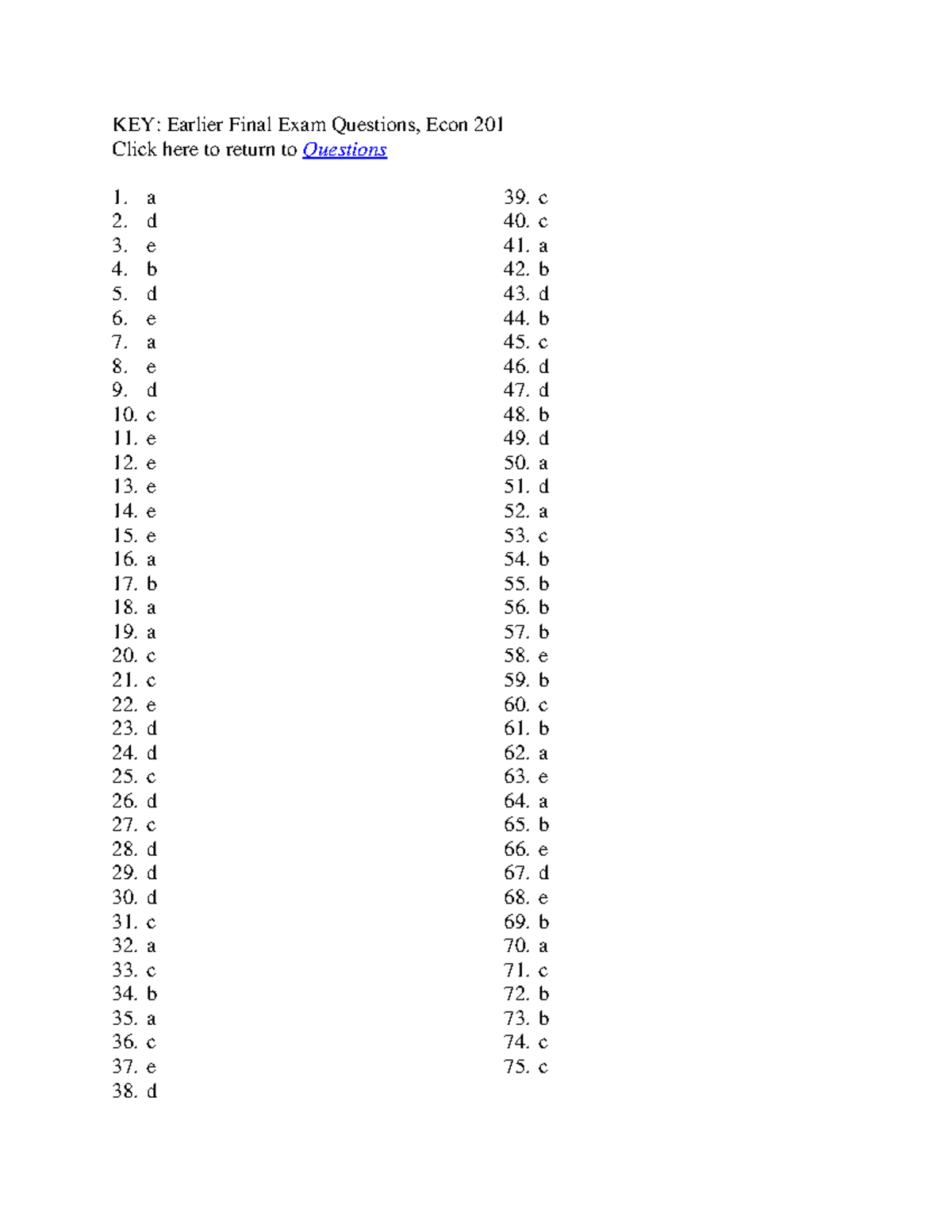 Econ 201 Sample Final Exam Key - Multiple Choice Answers - Studocu