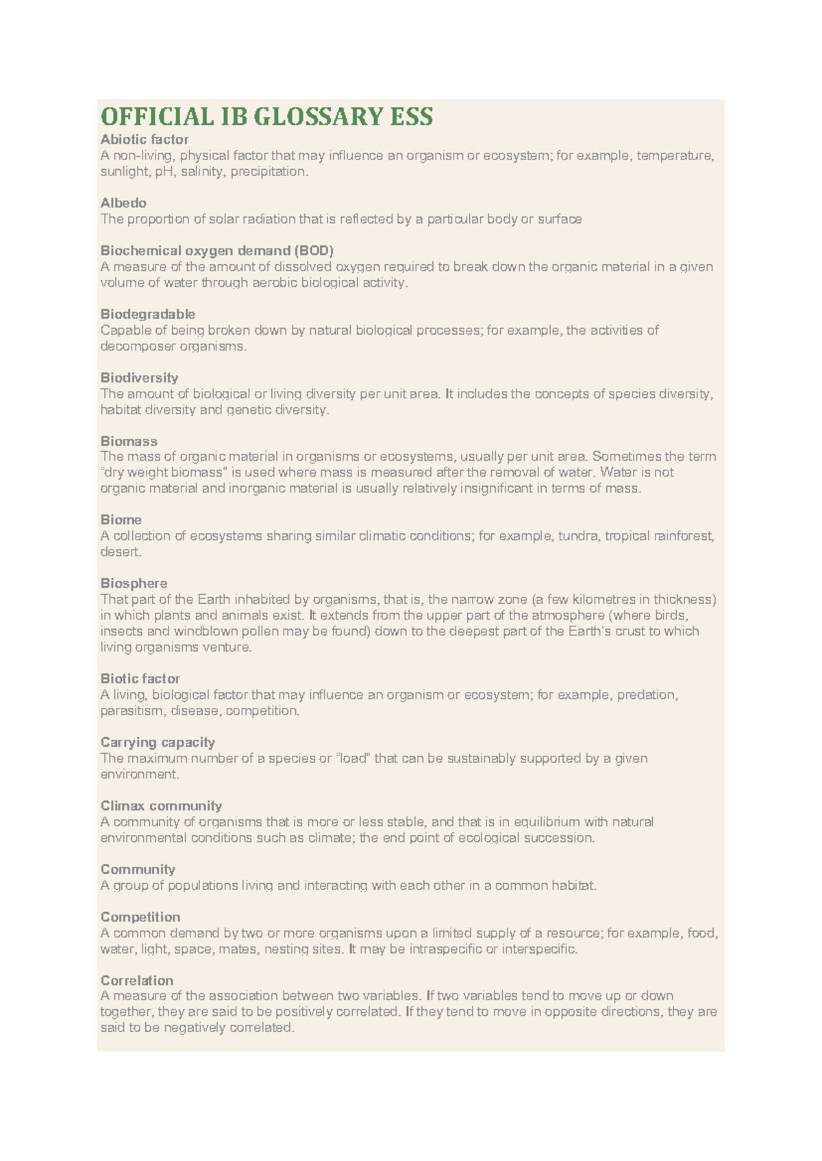 IB ESS Official Glossary: Key Terms & Definitions for Study - Studocu