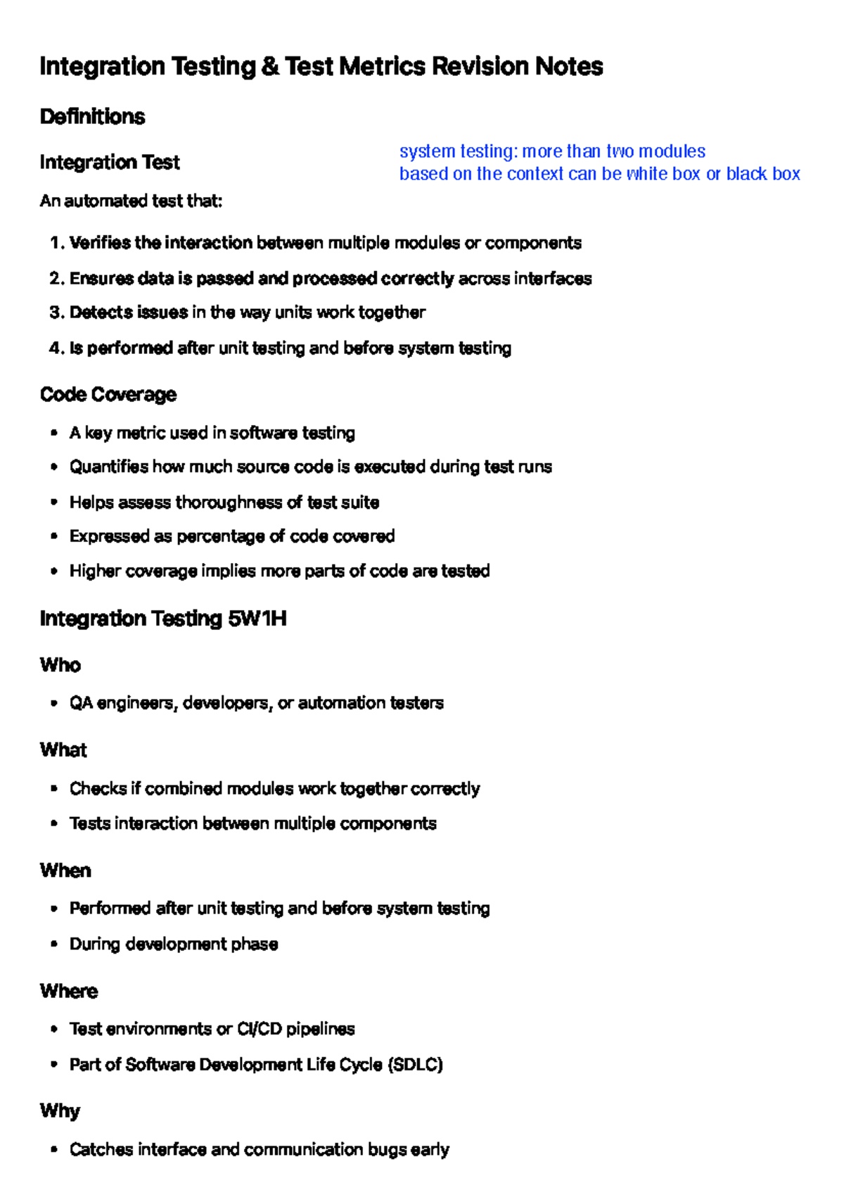 Integration Testing & Test Metrics Revision Notes (IT-101) - Studocu
