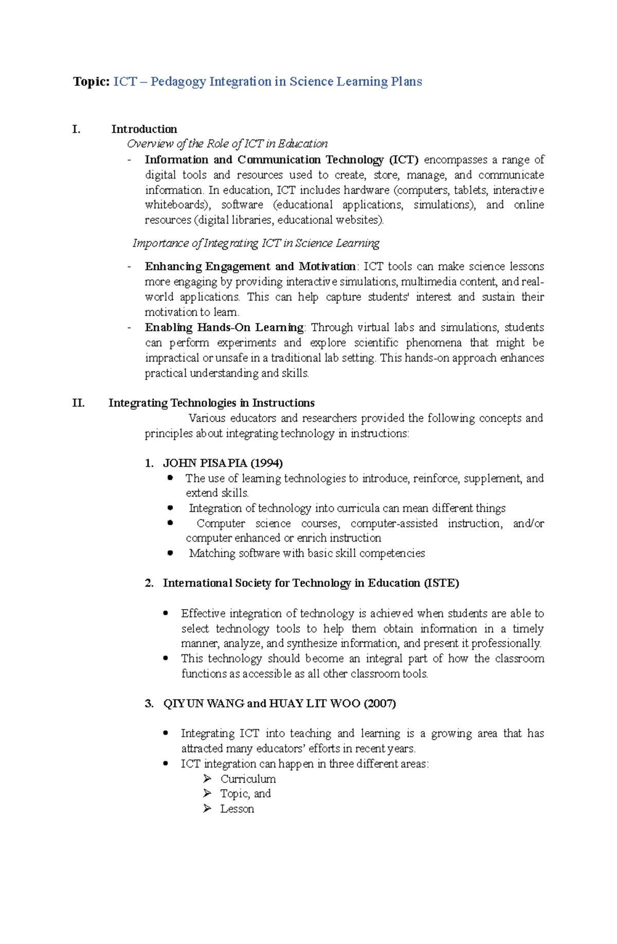 ICT – Pedagogy Integration in Science Learning Plans - Introduction ...