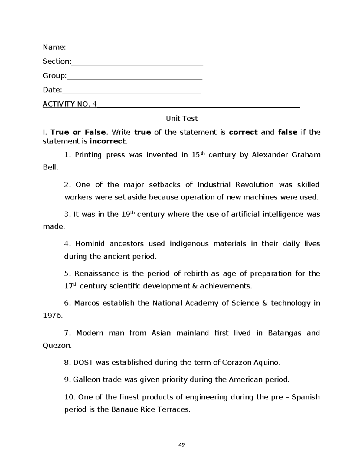 ACTIVITY NO. Unit Test I: True or False Statements Analysis - Studocu