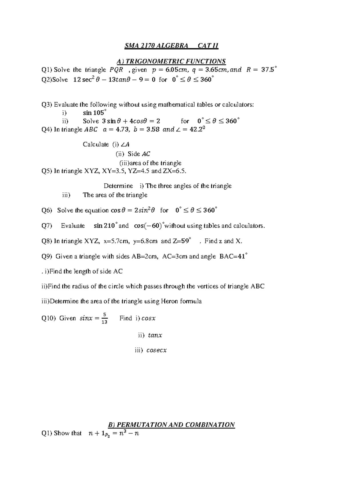 SMA 2170 Algebra CAT II: Trigonometric Functions & Permutations - Studocu