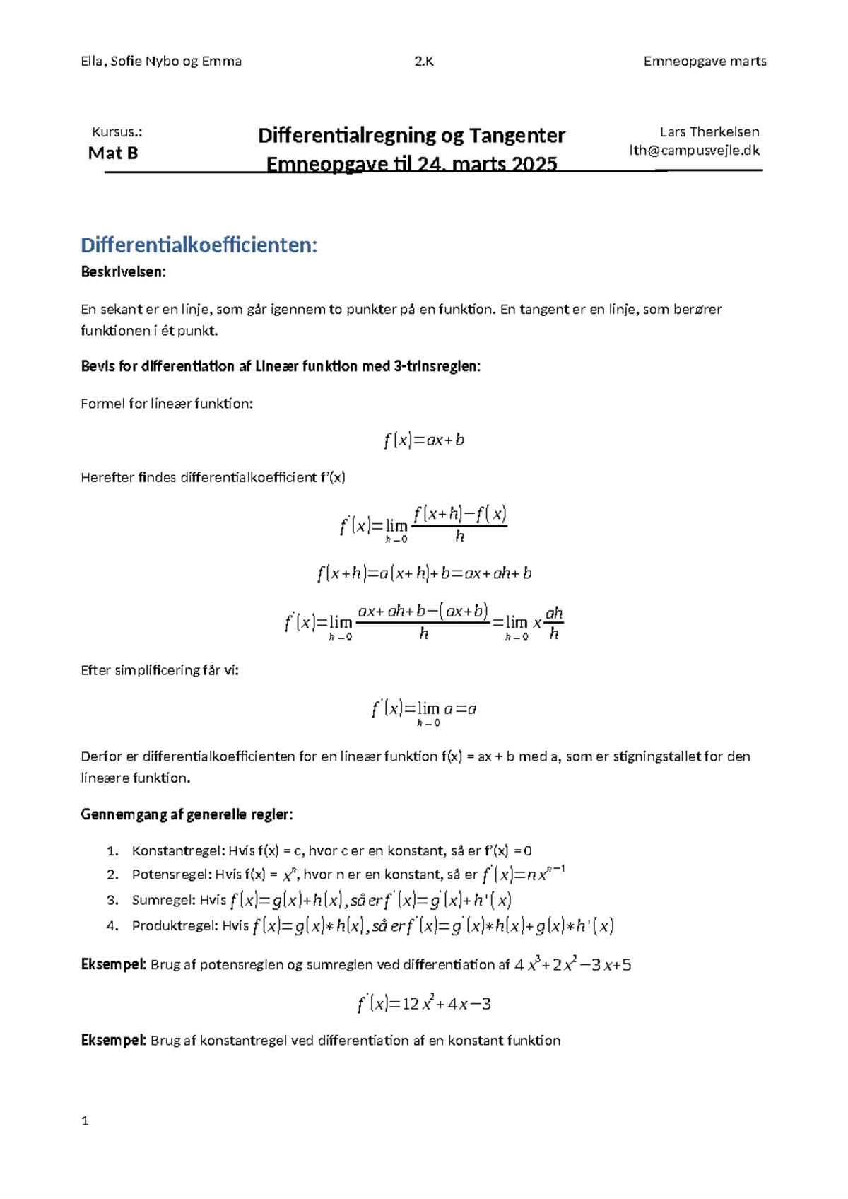Mat B Emne O Diff 2025 - Emneopgave om differentiering - Kursus.: Mat B ...
