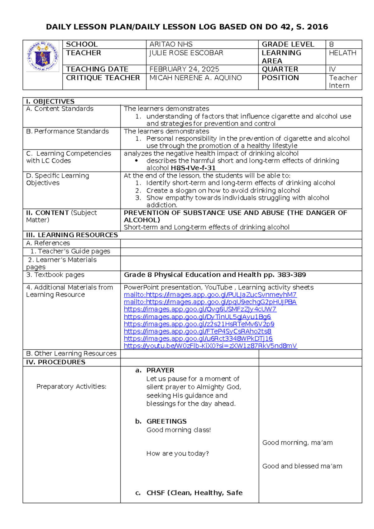 DLL- Alcohol Lesson Plan - Understanding Alcohol Addiction Effects ...