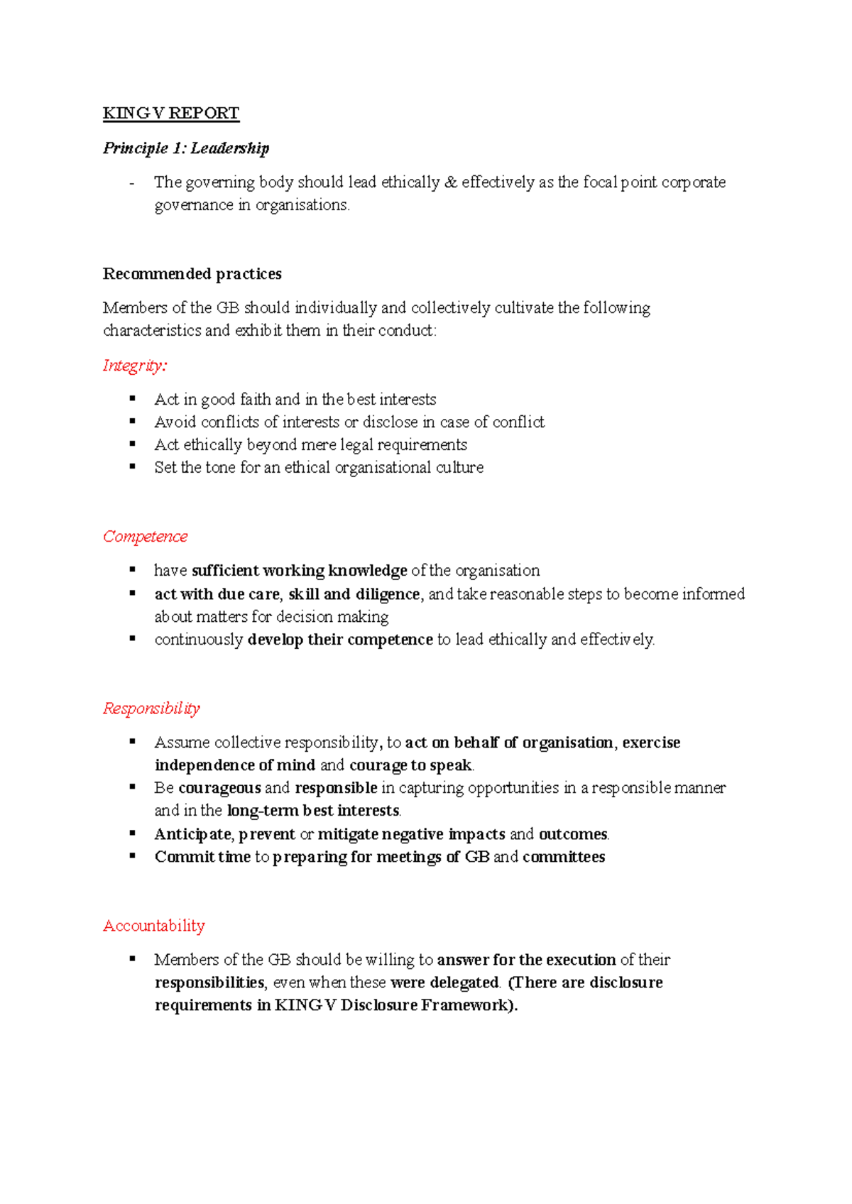 KING V Report: Principles of Ethical Leadership and Governance - Studocu