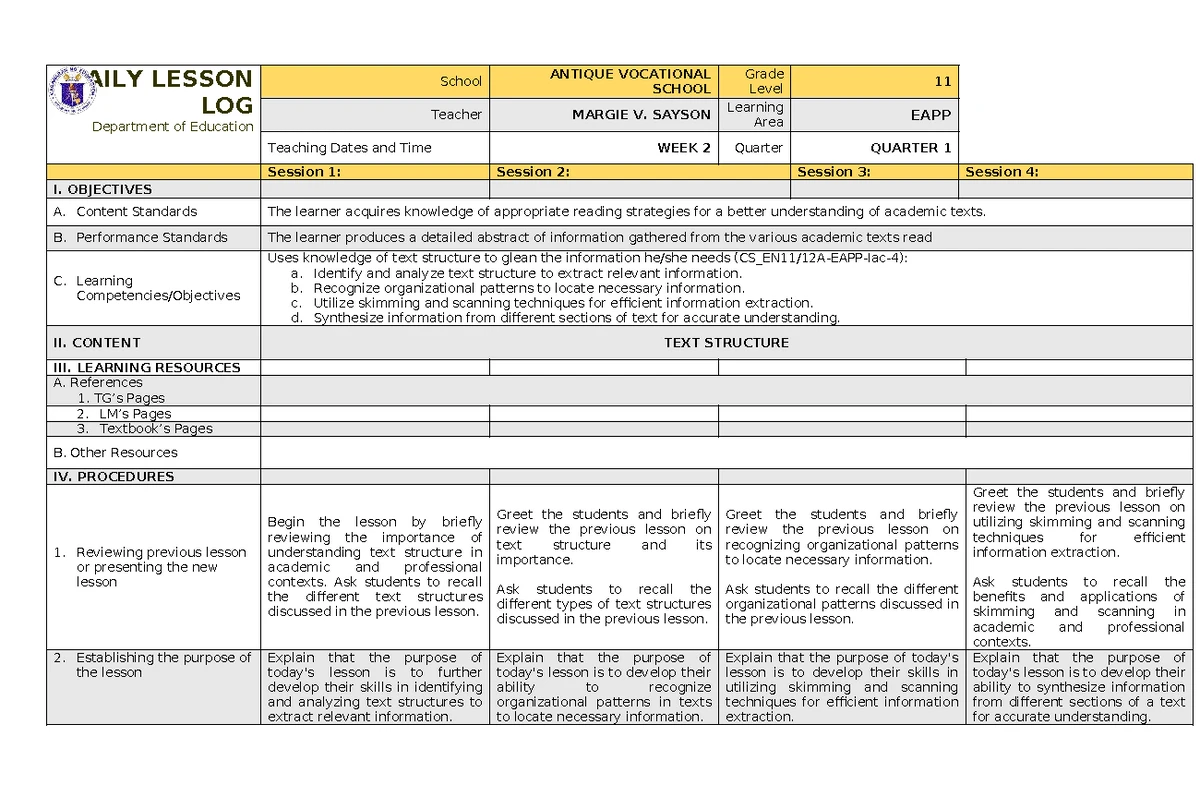 EAPP Grade 12 Quarter 1 Week 3 Daily Lesson Log - Studocu