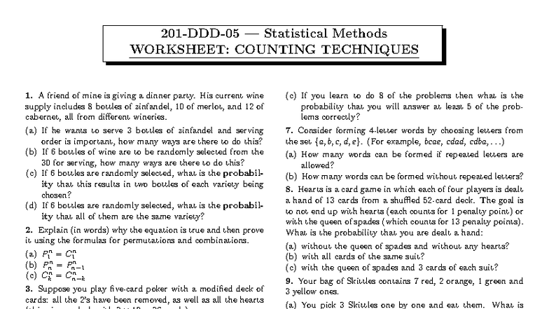 Statistical Methods Worksheet: Counting Techniques (DDD) - Studocu