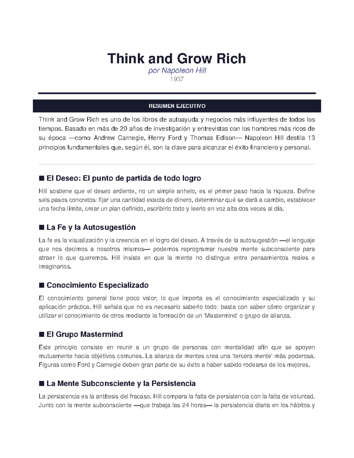 Resumen Ejecutivo de "Think and Grow Rich" - Napoleon Hill - Studocu