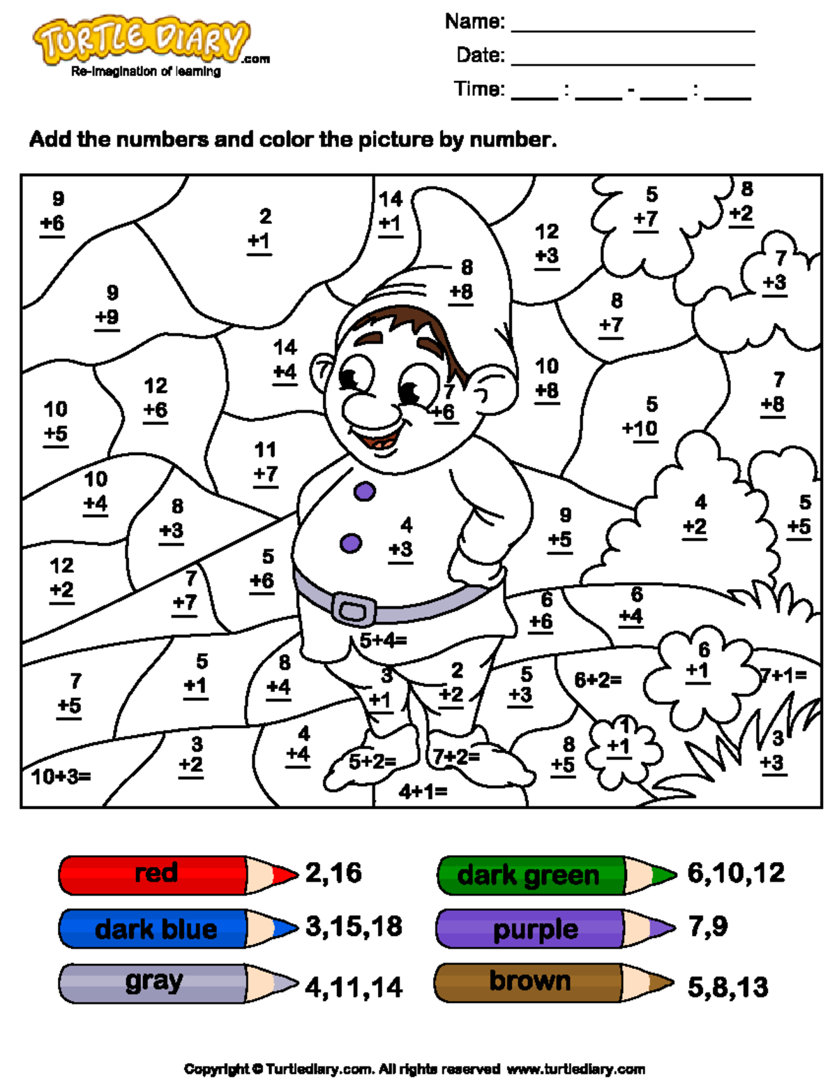 Color by number addition with sums up to twenty - elementary education ...