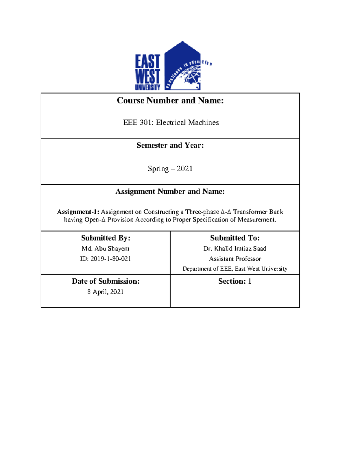 301: Electrical Machines - Assignment on Three-phase Δ-Δ Transformer ...