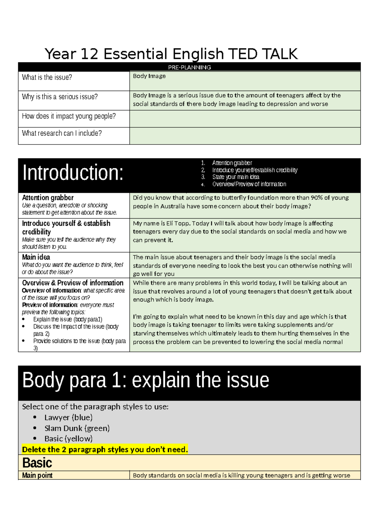 Year 12 Essential English TED TALK Planner - Year 12 Essential English ...