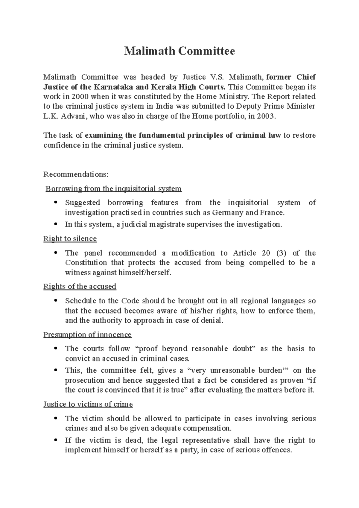 Malimath Committee Report: Recommendations on Criminal Justice Reform ...