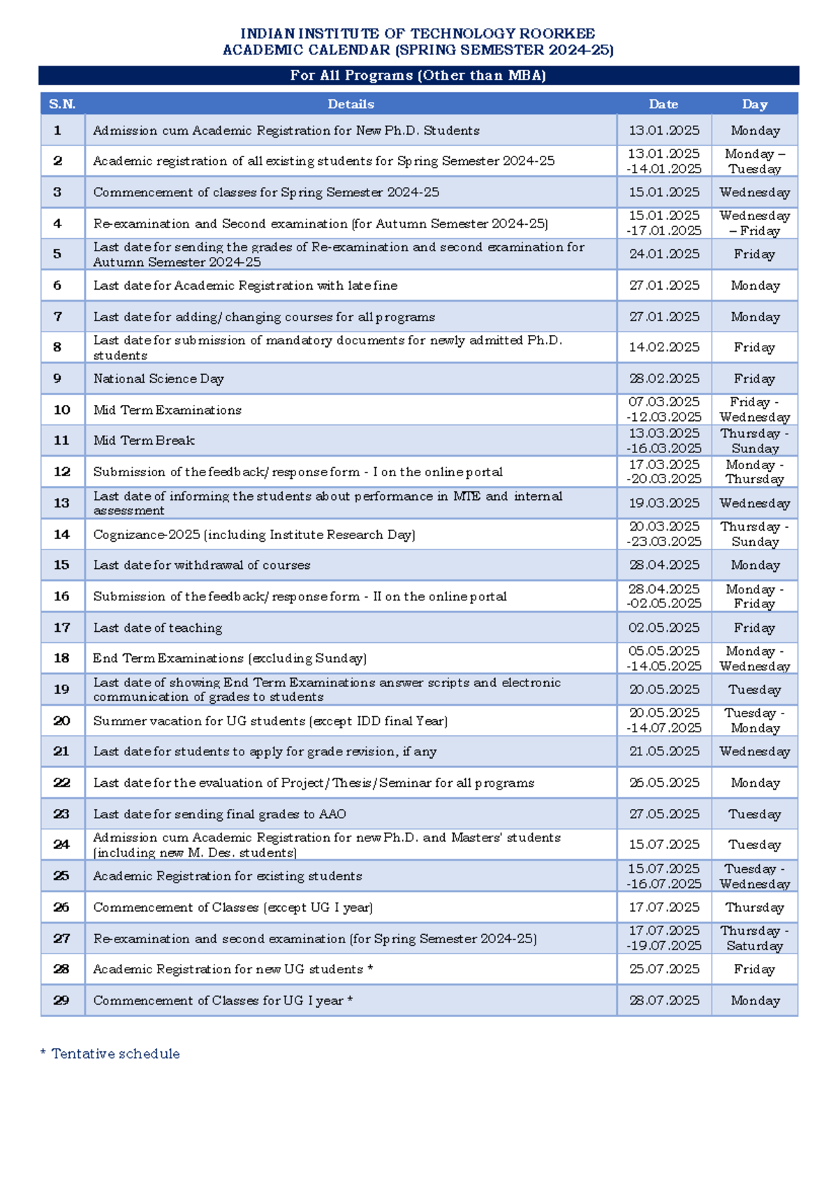 Spring Calendar - INDIAN INSTITUTE OF TECHNOLOGY ROORKEE ACADEMIC ...