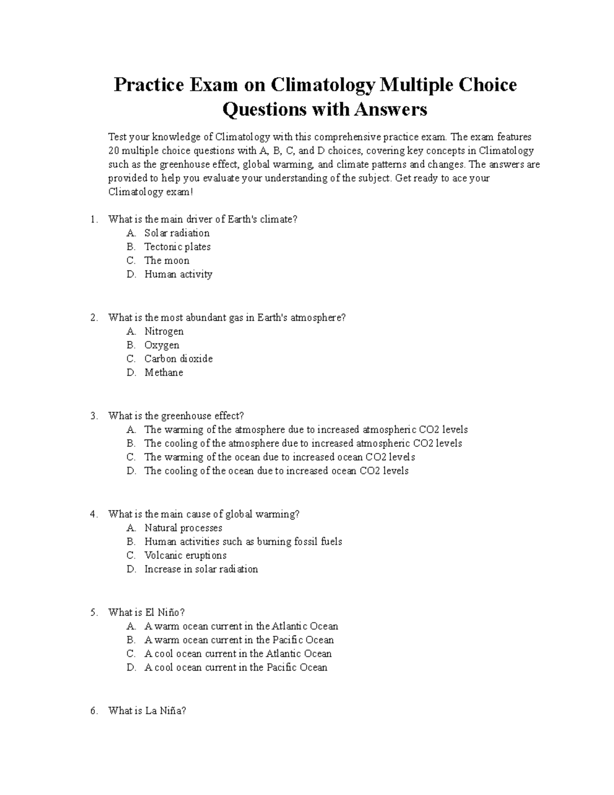 Practice Exam: Climatology MCQs with Answers for Review - Studocu