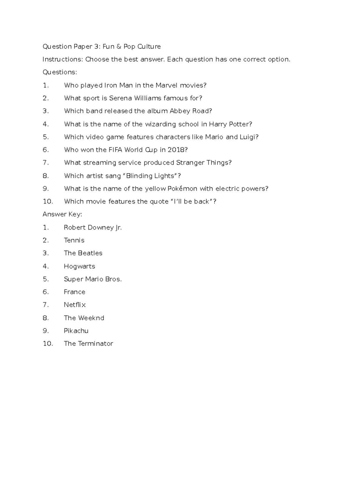 Question Paper 3: Fun Pop Culture Quiz - Studocu
