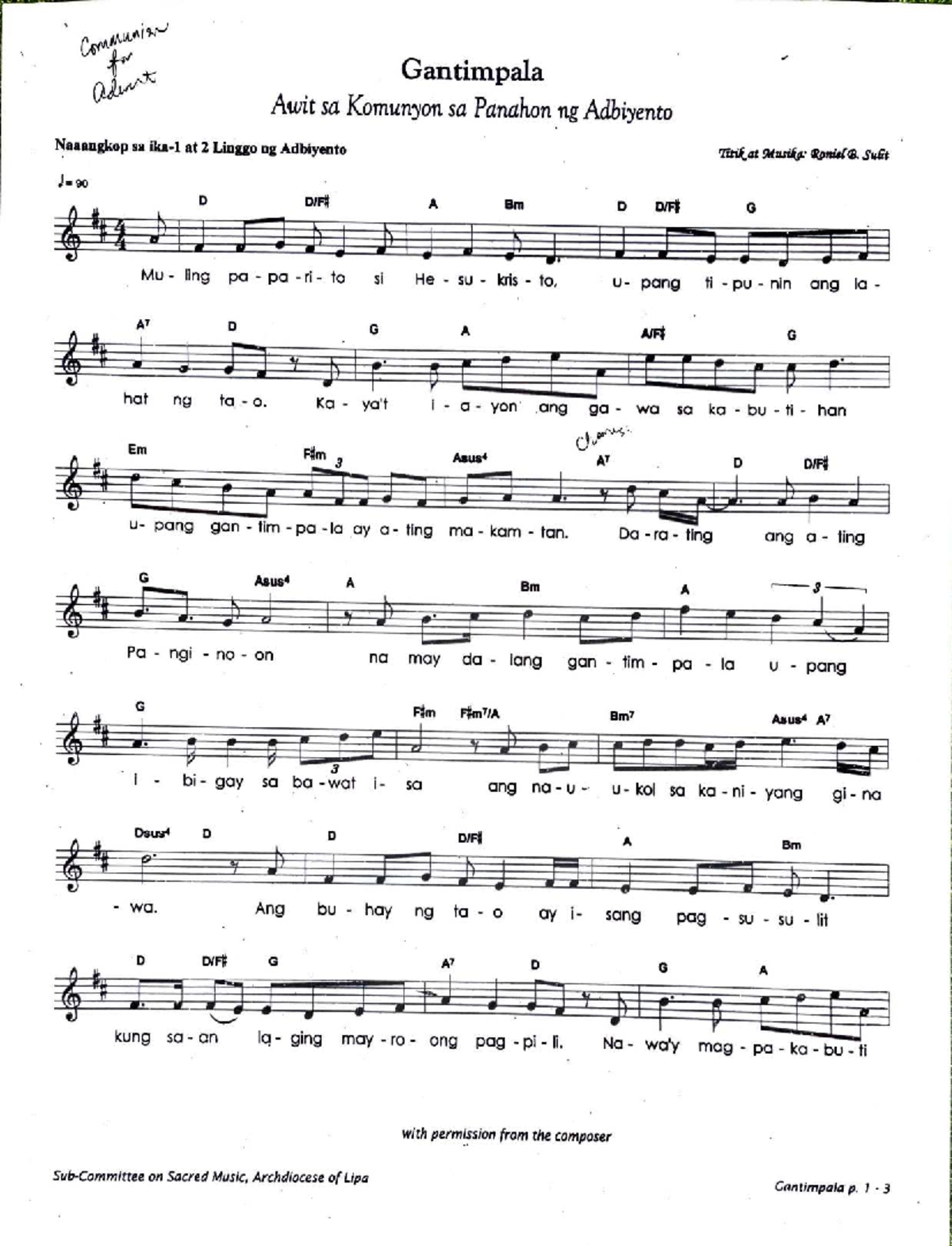 Gantimpala: Awit sa Komunyon ng Adbiyento (J-90) - Studocu