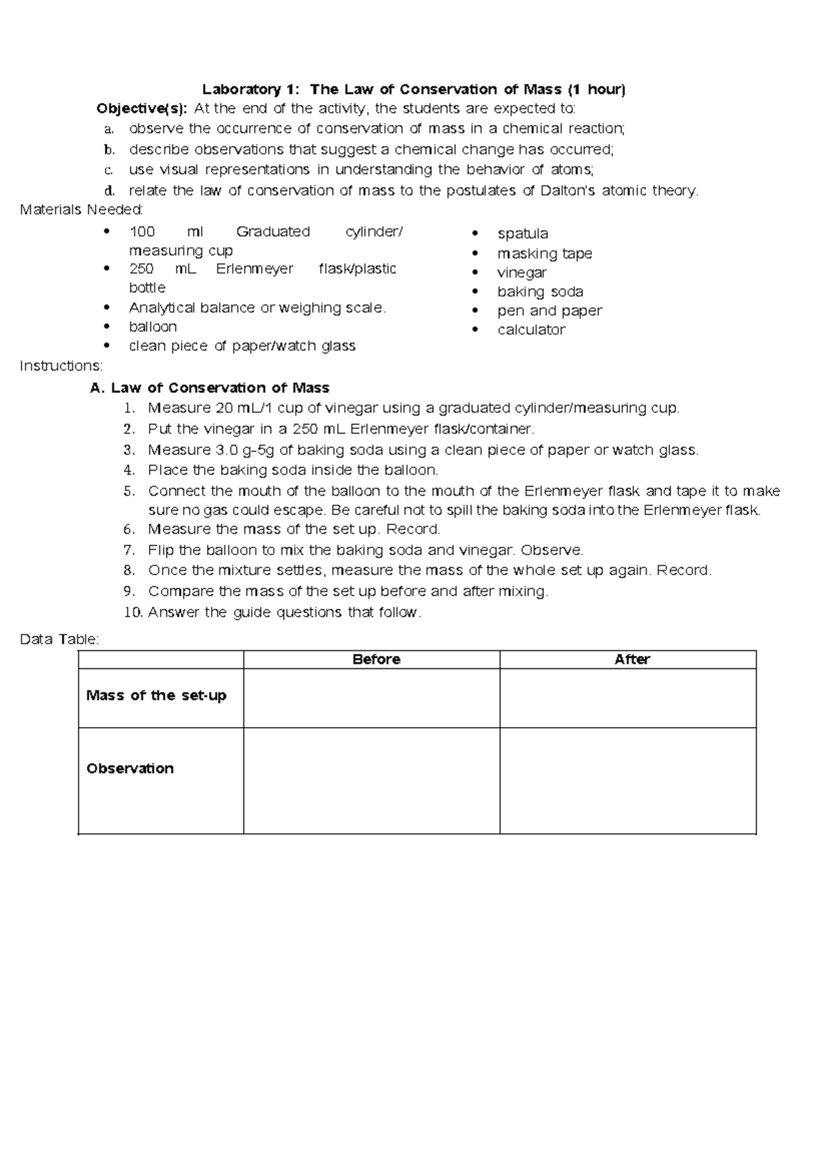 Laboratory 1: Conservation of Mass Experiment (1 hour) - Studocu