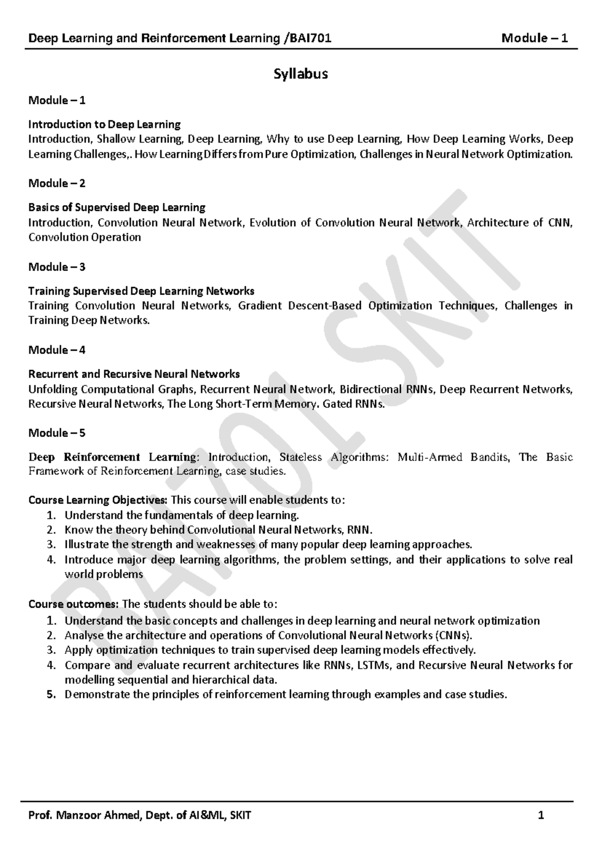 Deep Learning and Reinforcement Learning (AIML) Module 1 Notes - Studocu