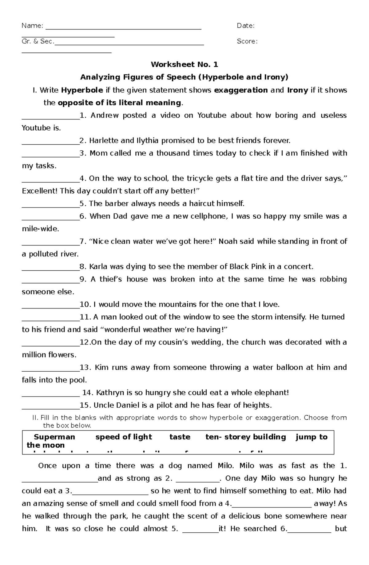 Analyzing Figures of Speech: Hyperbole vs Irony Worksheet - Studocu