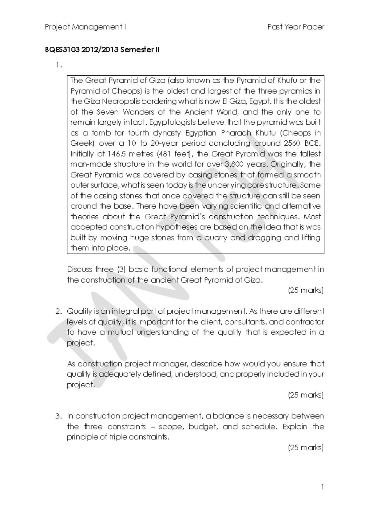 BQES3103 Project Management I Past Year Final Exam Overview - Studocu