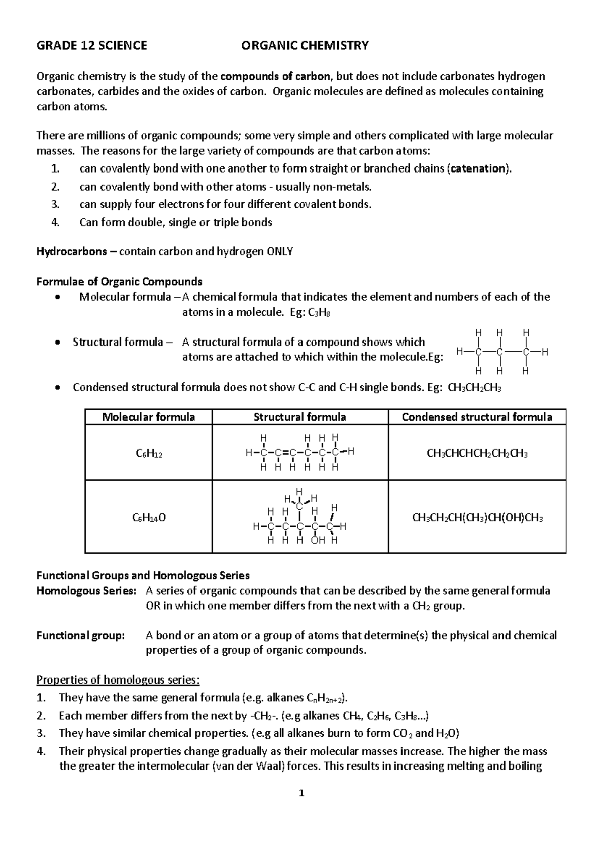 GRADE 12 SCIENCE ORGANIC CHEMISTRY: Key Concepts and Properties - Studocu