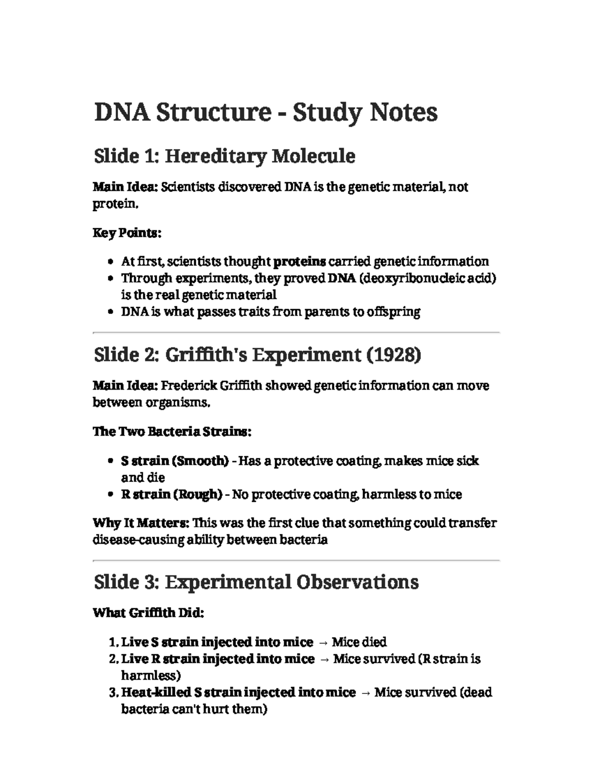 DNA Structure Study Notes: Key Experiments and Discoveries - Studocu