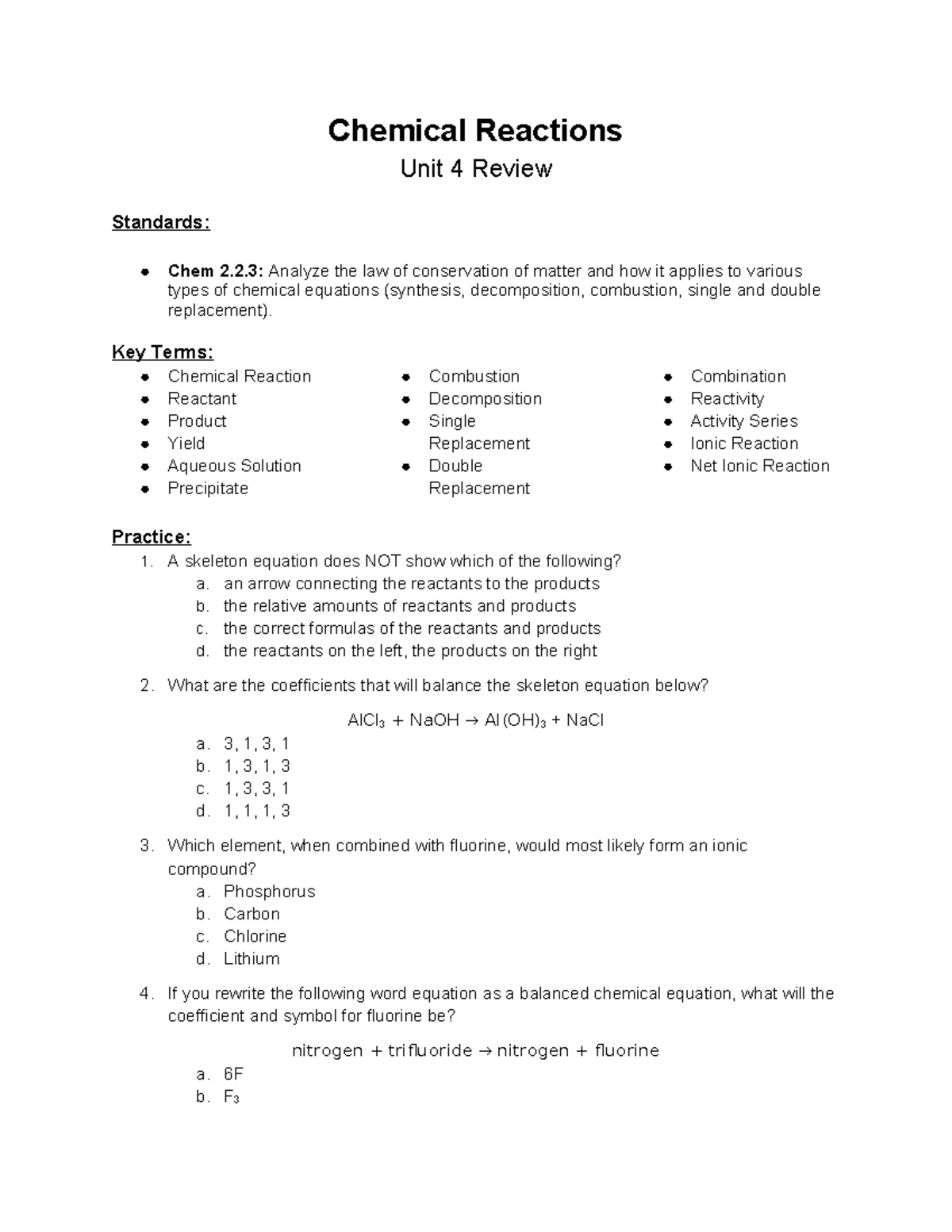 Chemical Reactions Unit 4 Review - Chem 2.2.3 - Studocu