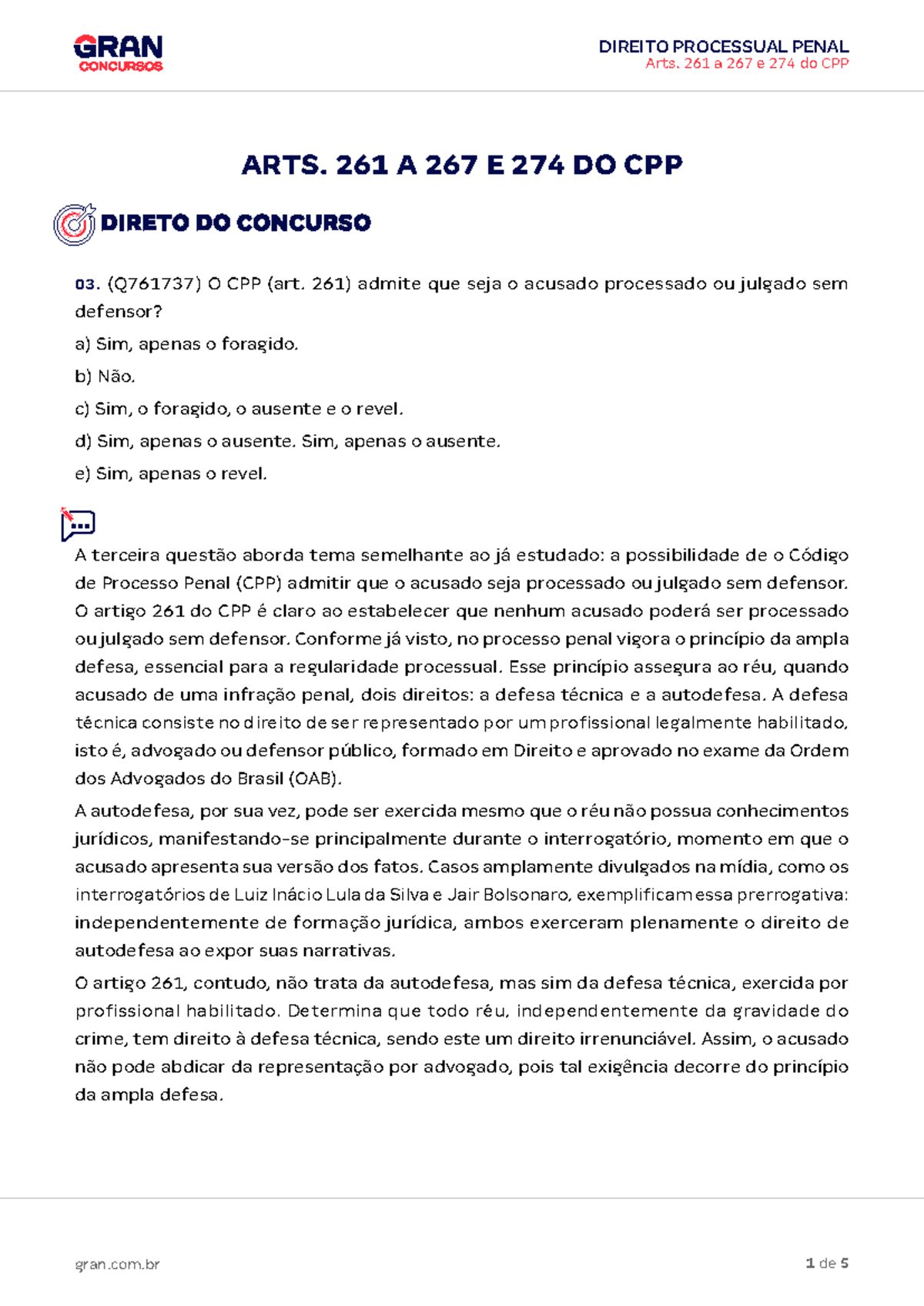 Resumo de Direito Processual Penal: Arts. 261 a 267 e 274 do CPP ...