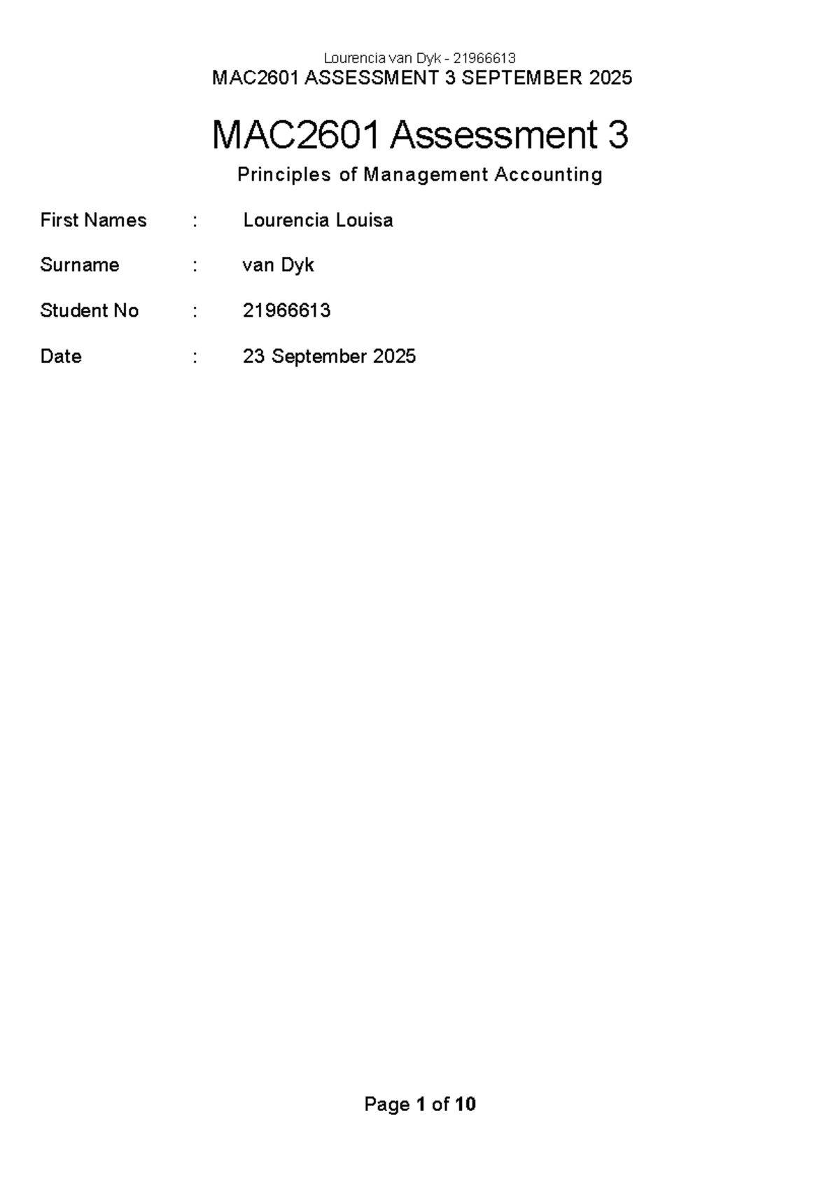 MAC2601 Assessment 3: Management Accounting Principles - Answers - Studocu