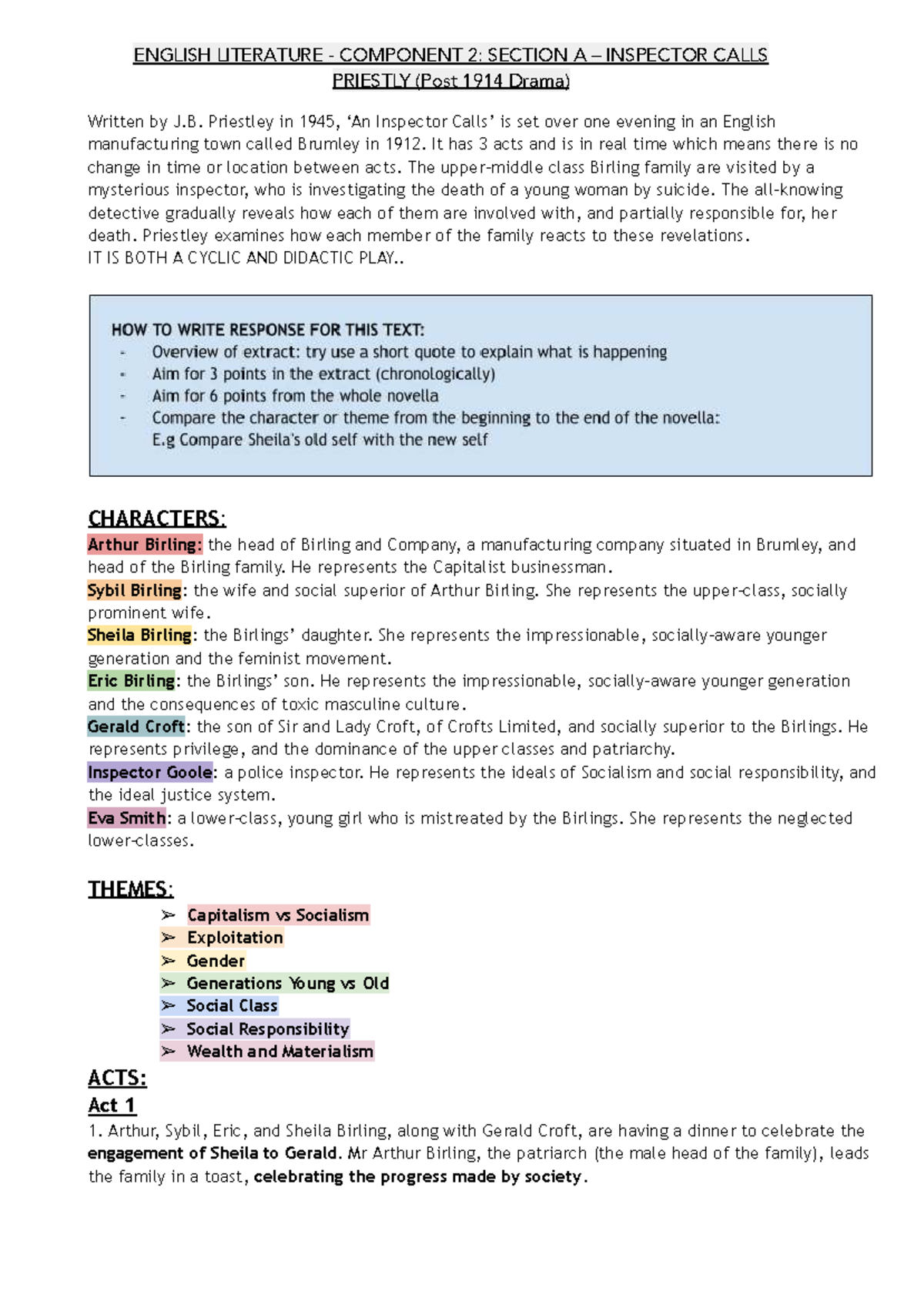 ENGLISH LITERATURE COMPONENT 2: SECTION A INSPECTOR CALLS THEMES ...