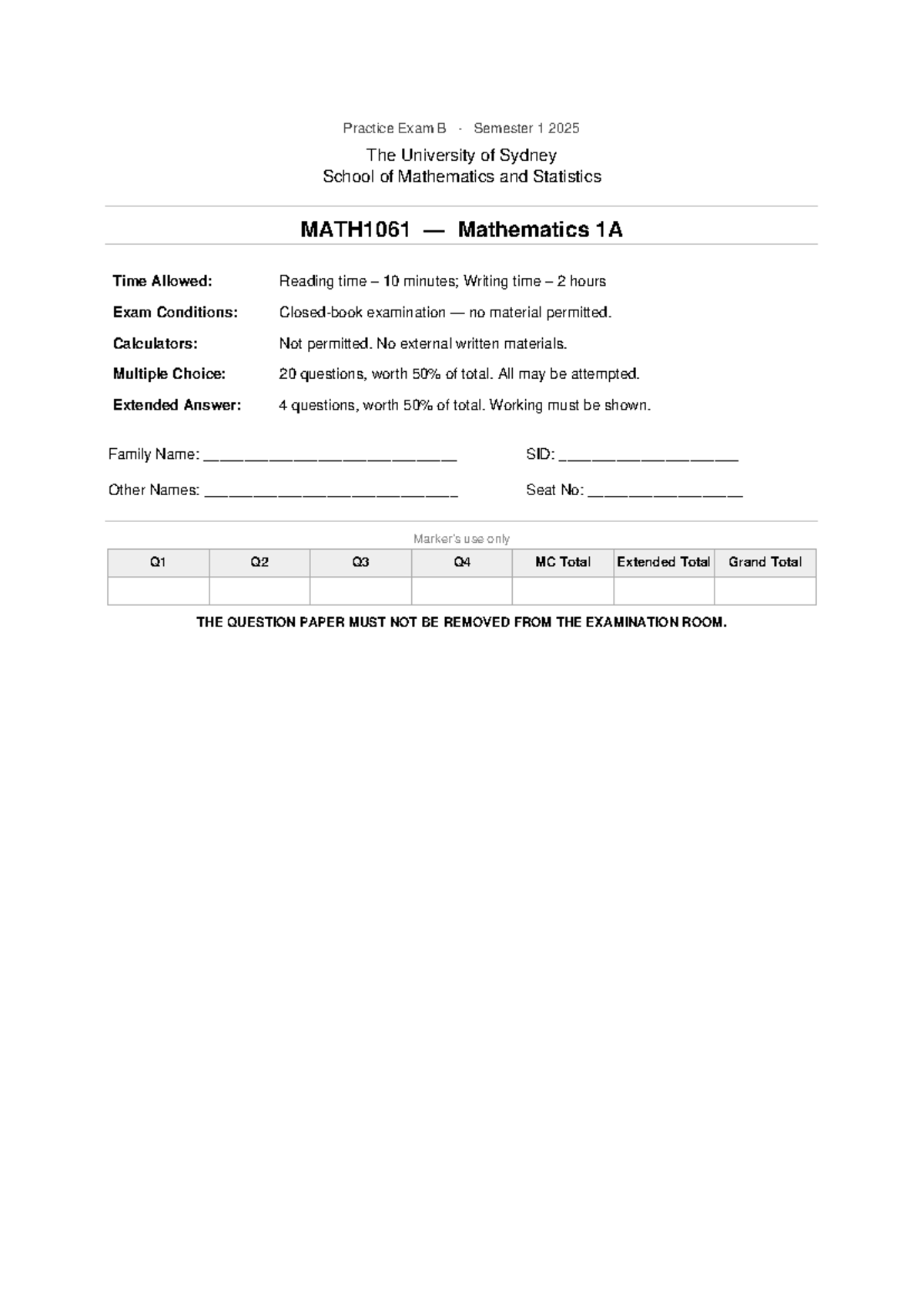 MATH1061 Practice Exam B - Semester 1 2025 - Studocu