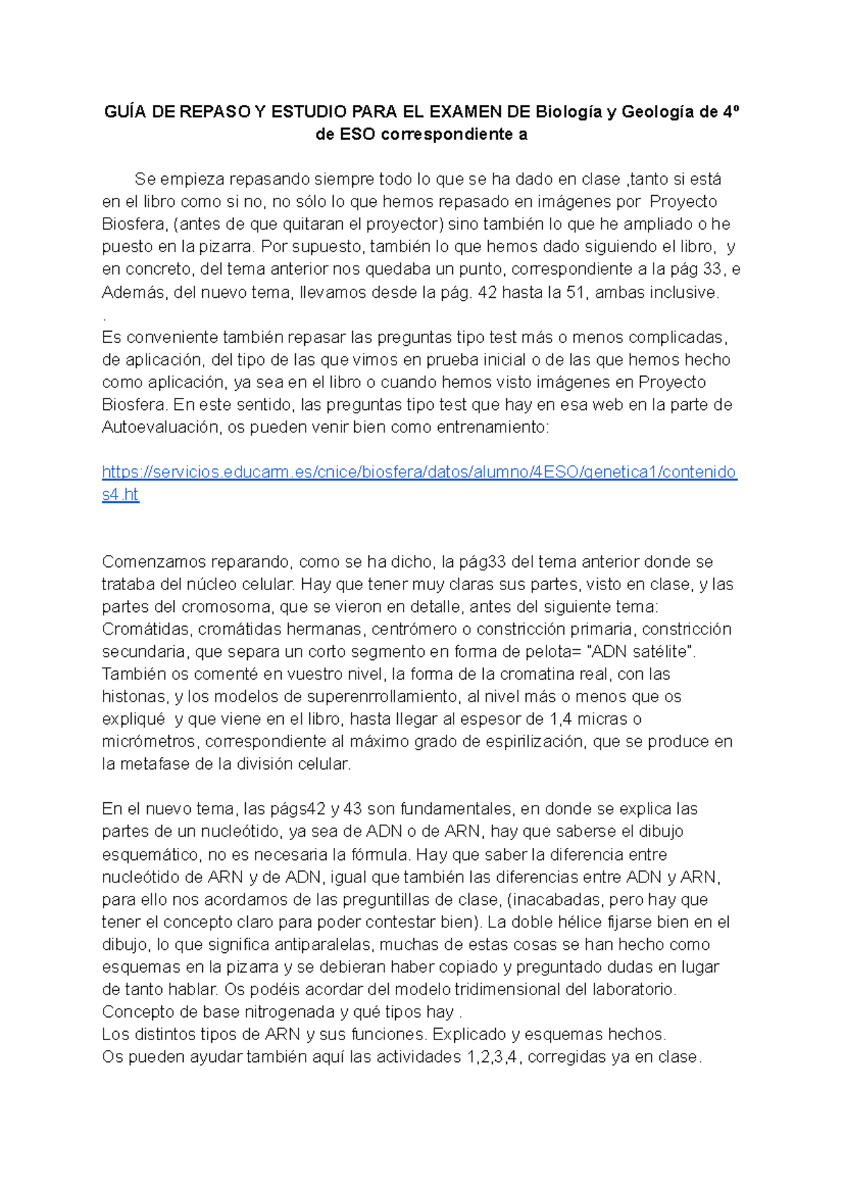 GUÍA DE ESTUDIO Y REPASO PARA EL EXAMEN DE Biología y Geología 4º ESO ...