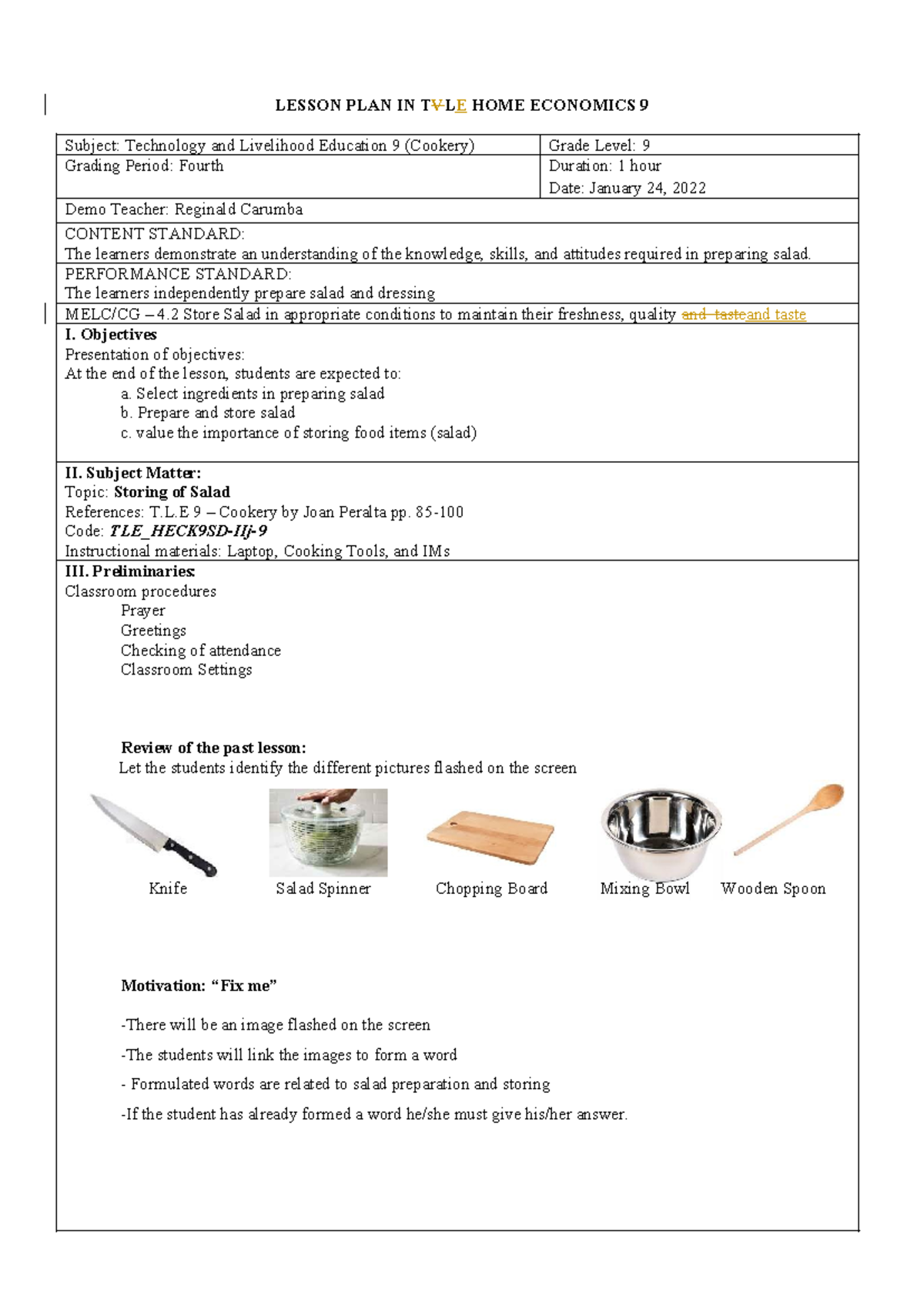 TLE 9 Lesson Plan: Salad Preparation & Storage (Demo Final 2024) - Studocu