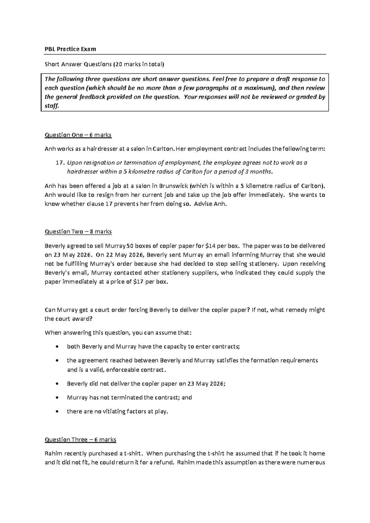 PBL Practice Exam - Short Answer Questions - Studocu