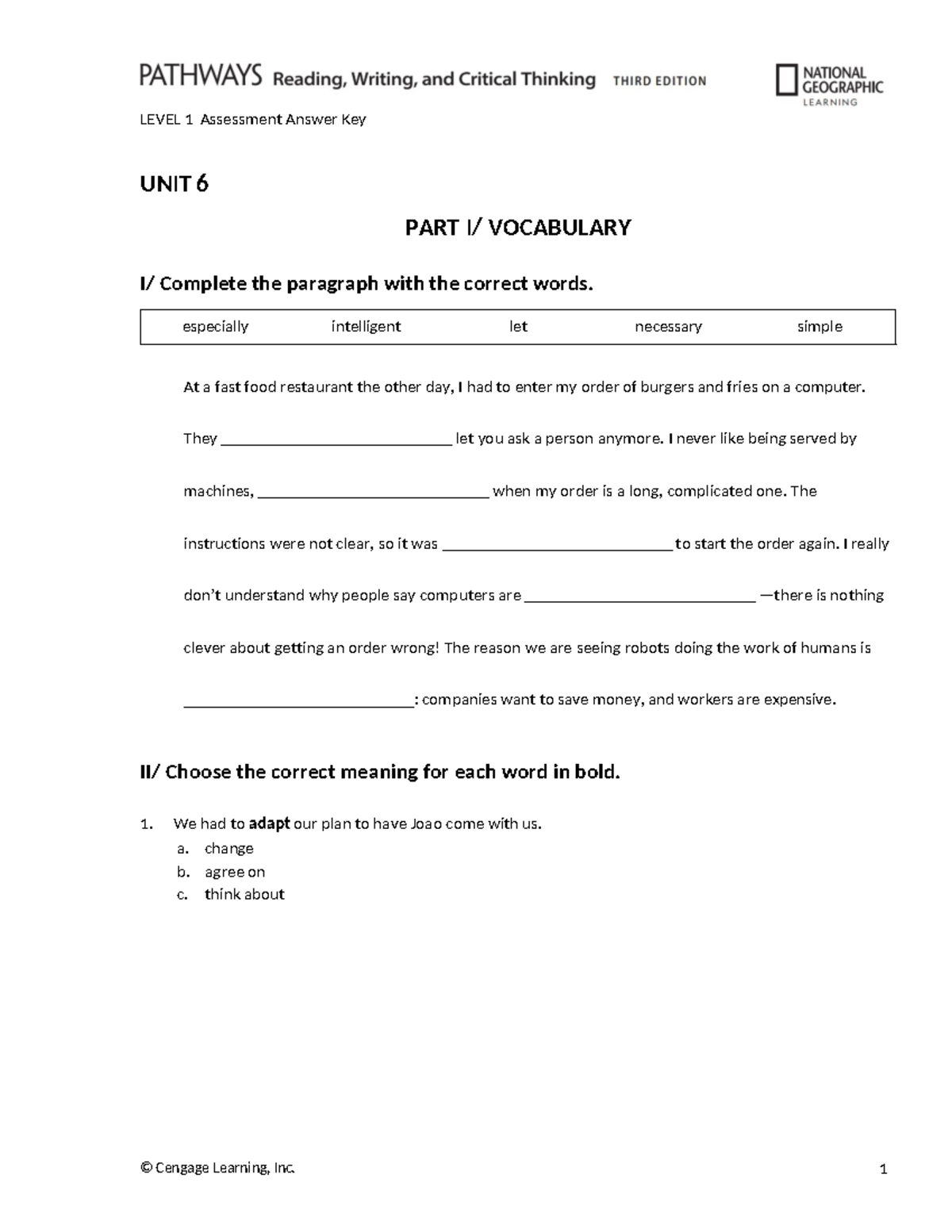 LEVEL 1 Assessment Answer Key: U6 Vocabulary & Further Reading Insights ...
