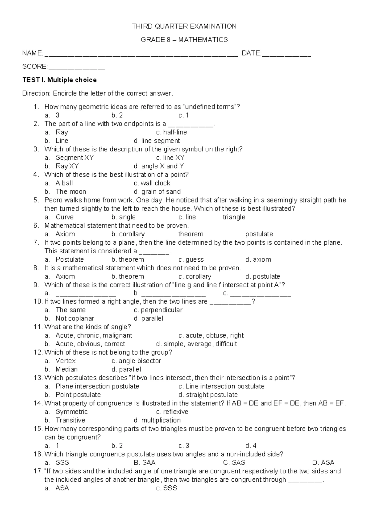 Grade 9 Mathematics Lesson Plan: Basic Geometry Concepts - Studocu