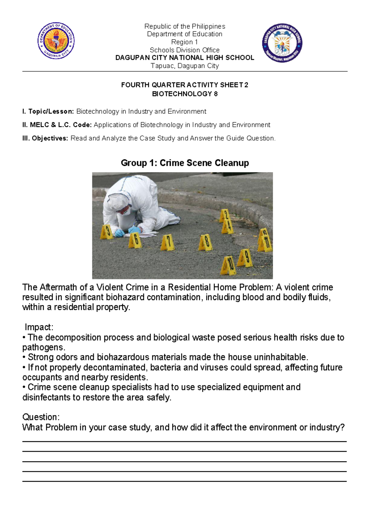 BIOTECH 8: Fourth Quarter Activity Sheet on Environmental Case Studies ...