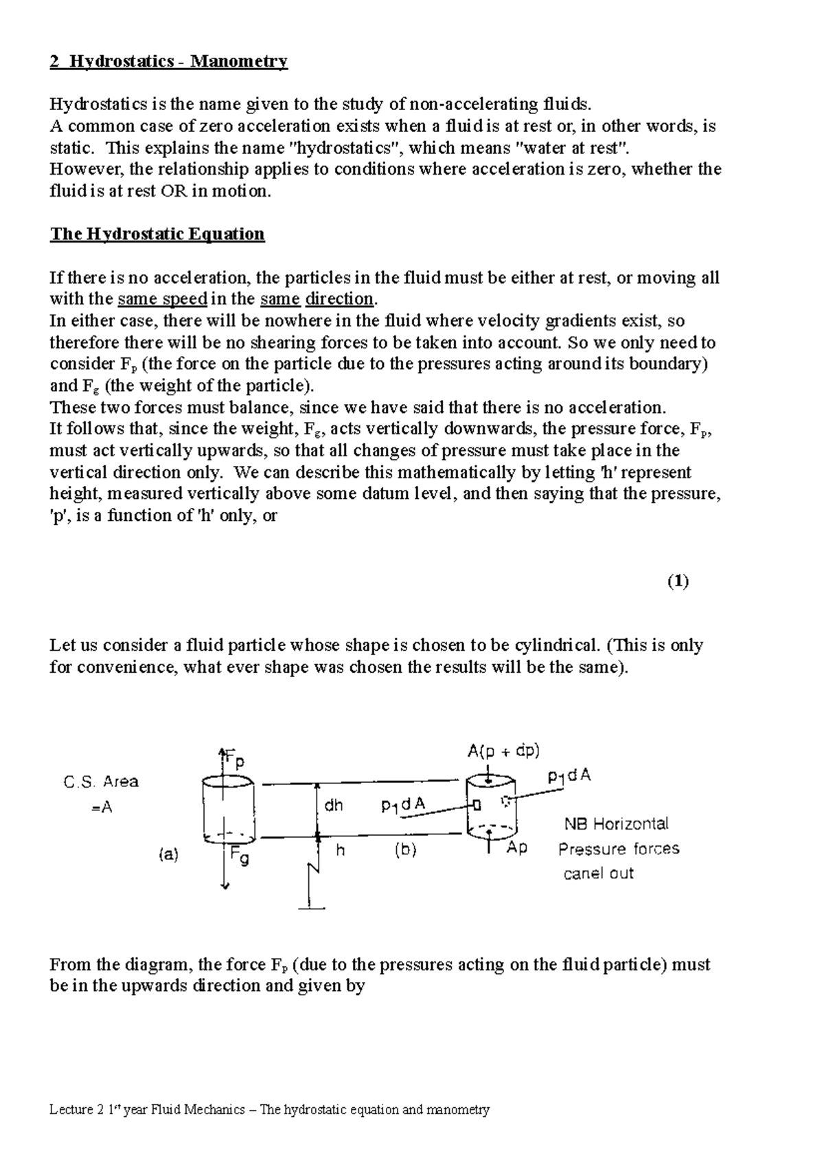 Hydrostatic Equation and Manometry - FLUID101 Lecture 2 Notes - Studocu