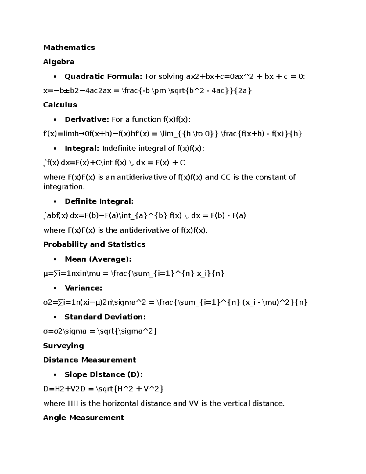 MATH - ASZFYUAGSUIHAOISGF - Mathematics Algebra Quadratic Formula: For solving ax2+bx+c=0ax^2 ...