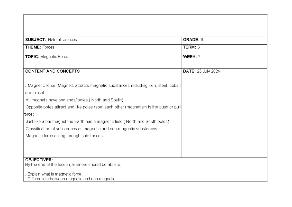 Grade 9 Natural Sciences Term 3 Lesson Plan: Magnetic Force - Studocu