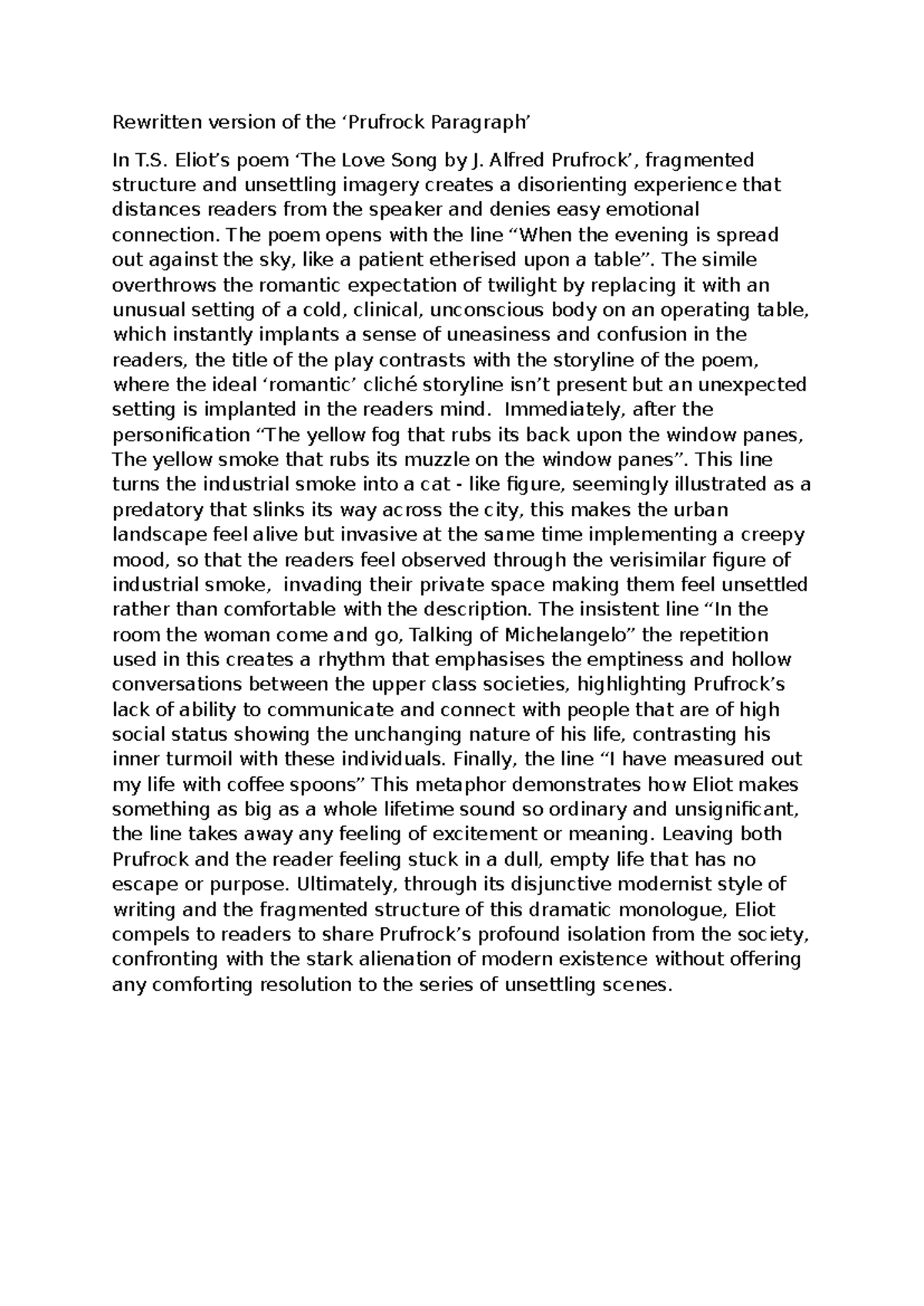 Rewritten Analysis of T.S. Eliot's "Love Song of J. Alfred Prufrock ...