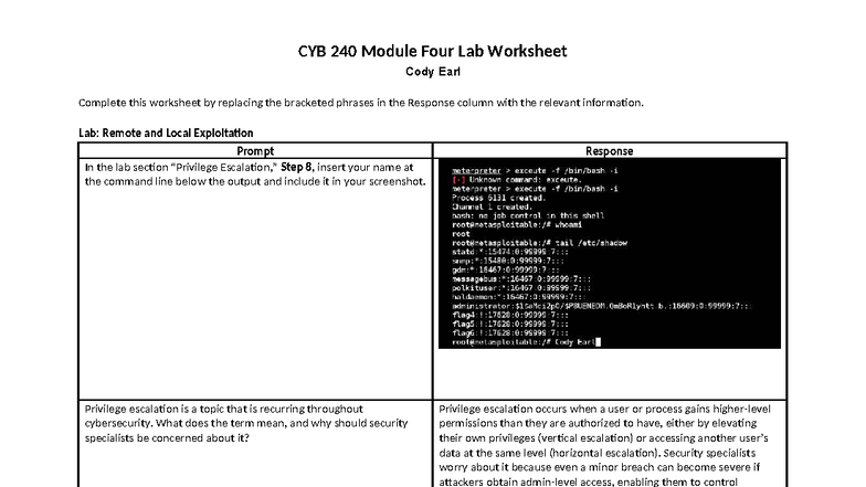 CYB 240 Module 4 Lab Worksheet: Privilege Escalation Insights - Studocu