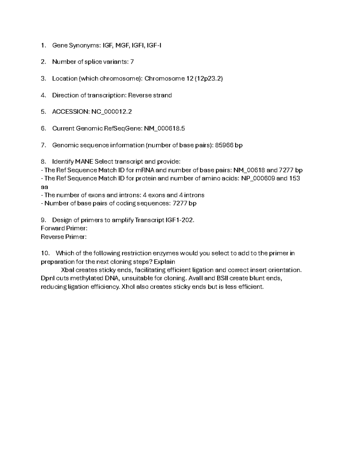HSS3109 Assignment 2 - prof hadi khalil - Gene Synonyms: IGF, MGF, IGFI ...