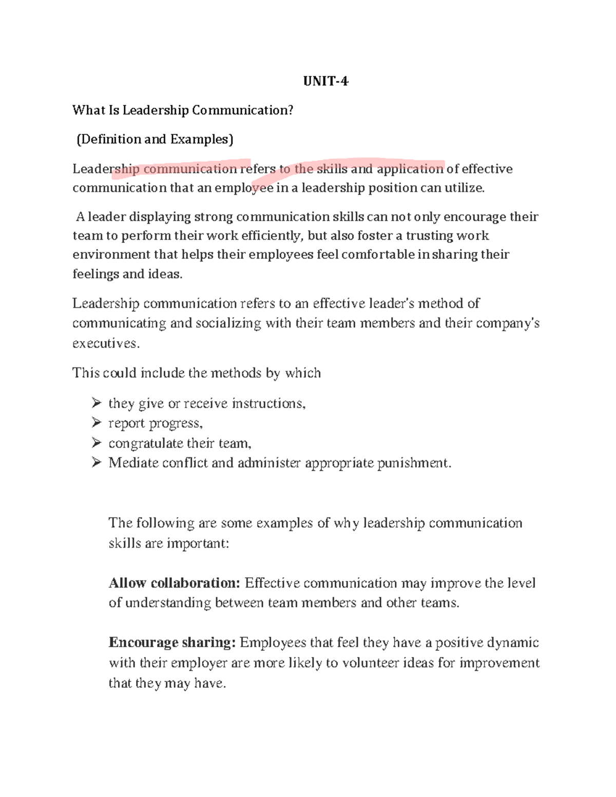 Leadership Communication: Skills and Strategies (UNIT-4) - Studocu