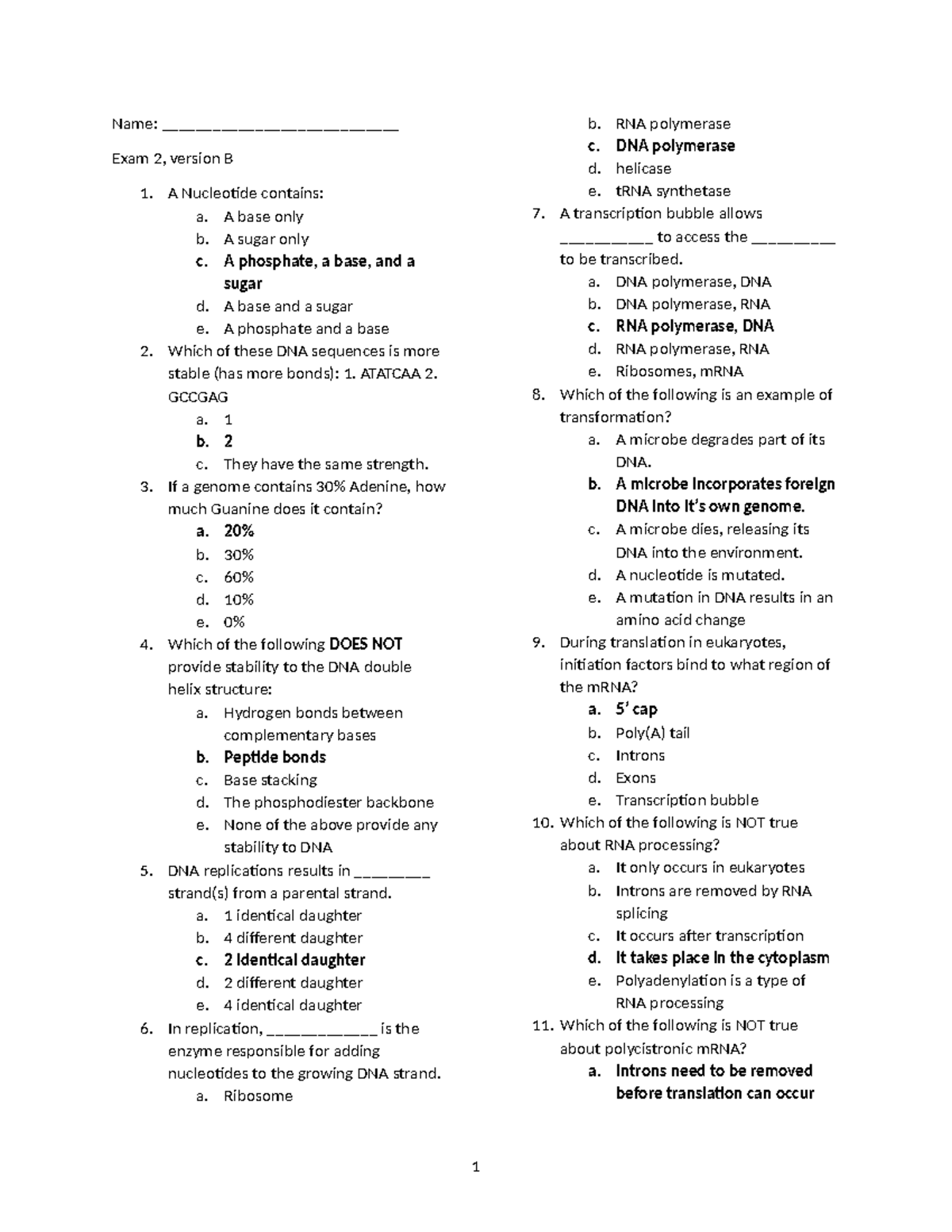 Molecular Biology Midterm Exam Review Questions (MB 101, Version B ...