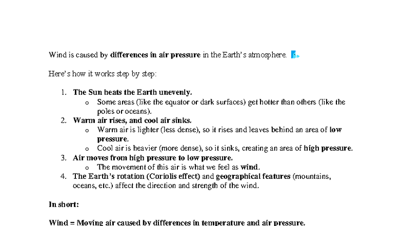 Understanding Wind: Causes of Air Pressure Differences - Studocu