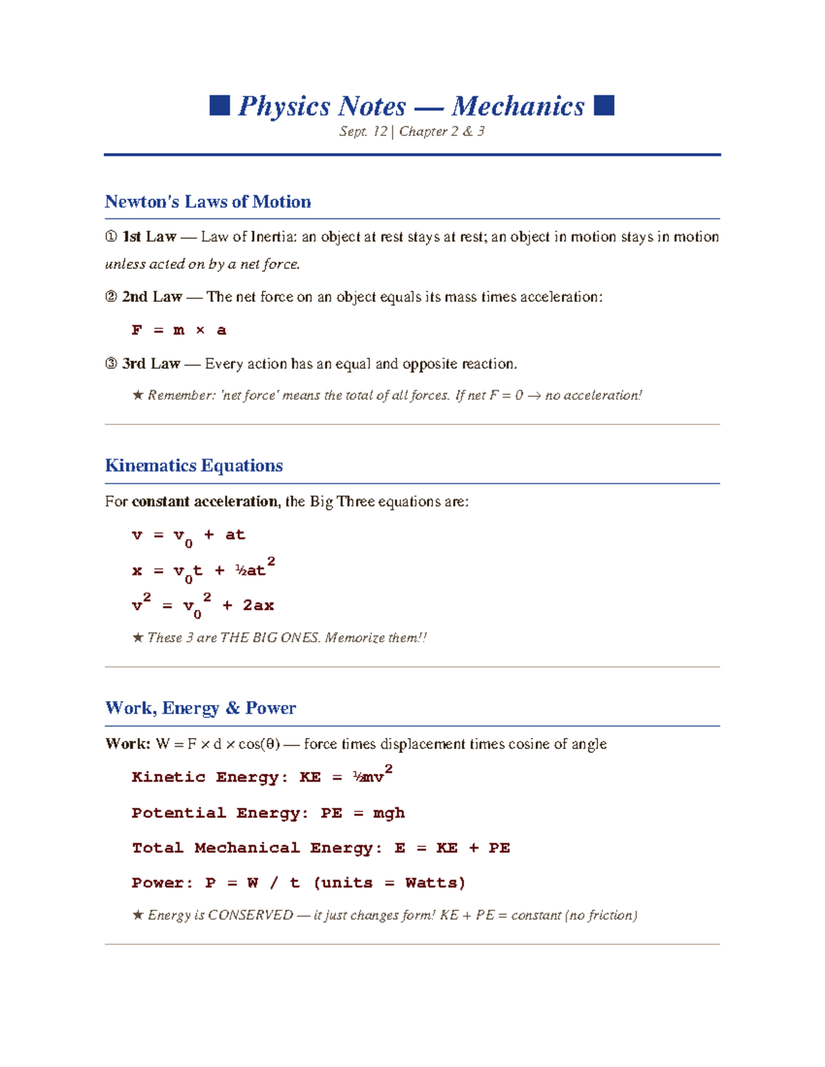 Physics Notes (PHYS 101) - Mechanics: Laws of Motion & Energy Concepts ...
