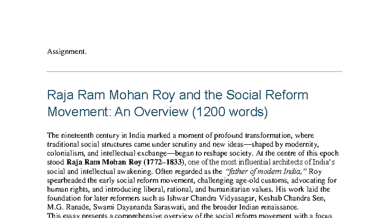 Raja Ram Mohan Roy and the Social Reform Movement: An Overview ...