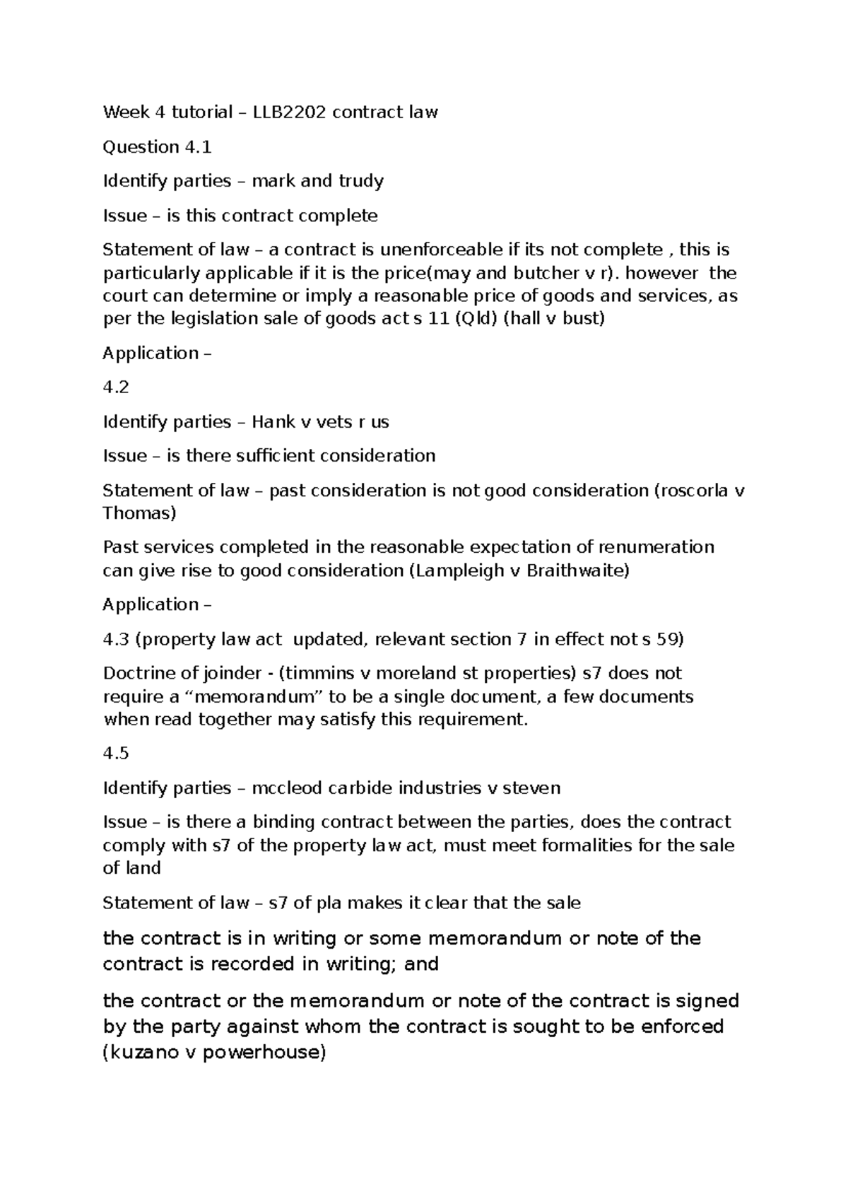 LLB2202 Week 4 Tutorial: Contract Law Analysis and Applications - Studocu